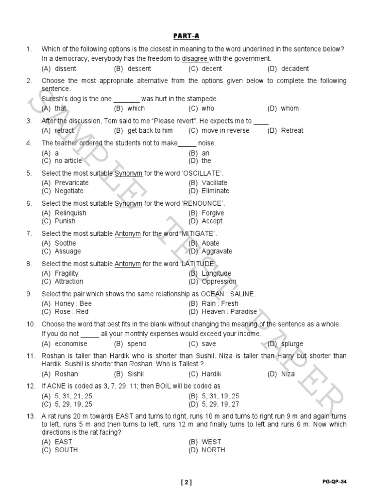 Sample Test Paper Sample Test Paper Sample Test Paper: Part-A | PDF ...