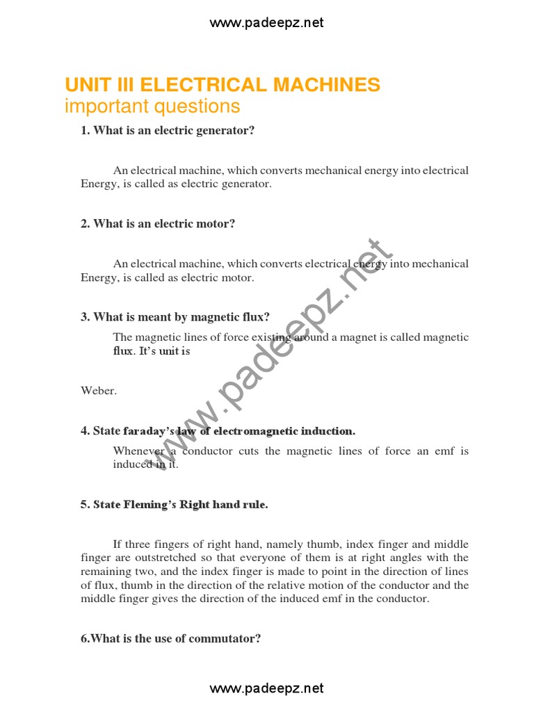 UNIT III ELECTRICAL MACHINES Important Questions | PDF | Transformer ...