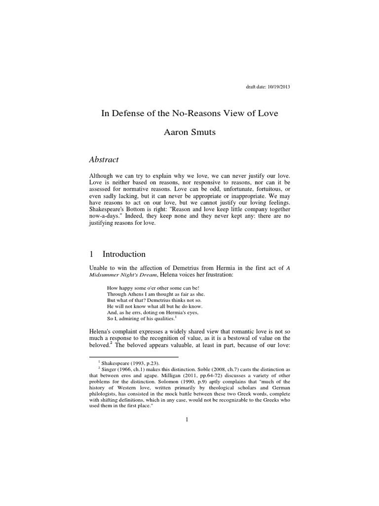 Aaron Smuts - in Defense of The No-Reasons View of Love | PDF | Reason ...
