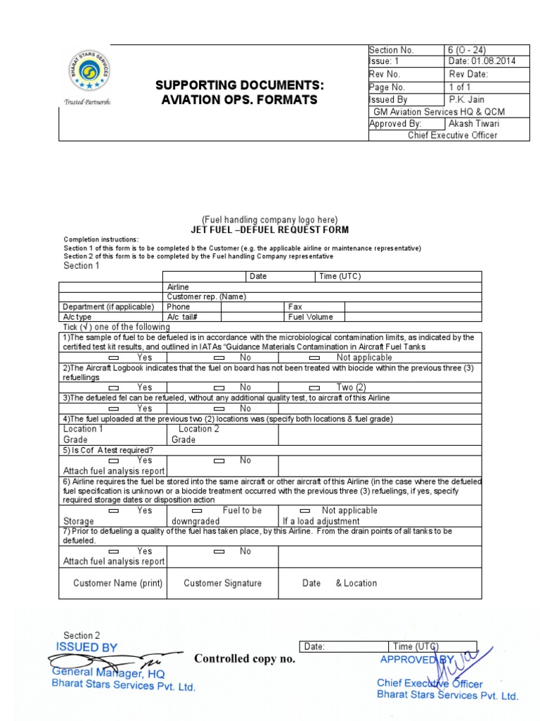 Supporting Documents: Aviation Ops. Formats: Jet Fuel - Defuel Request ...