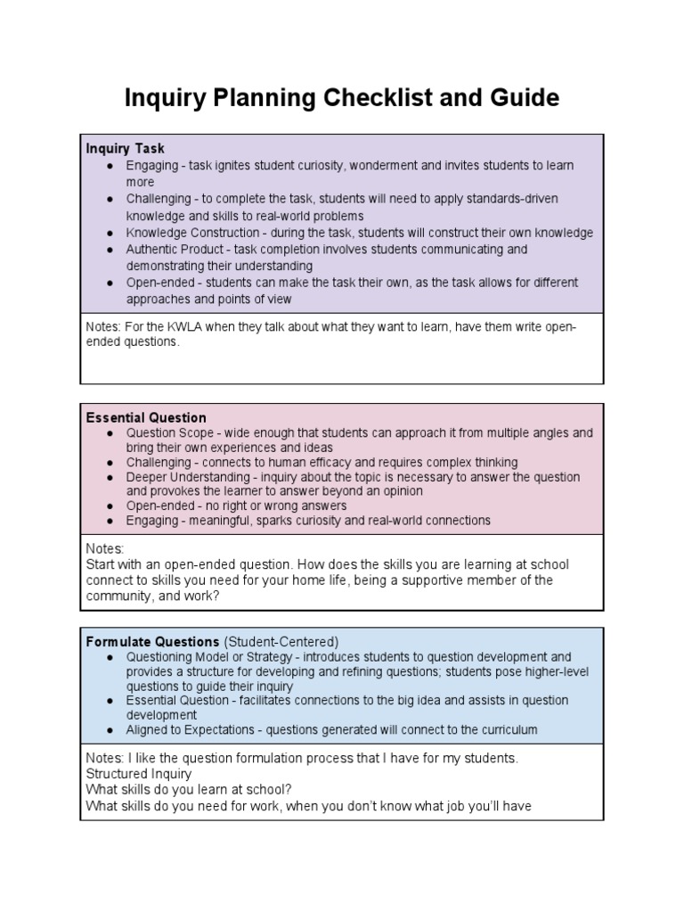 Inquiry Planning Checklist Guide 1 | PDF | Educational Assessment ...