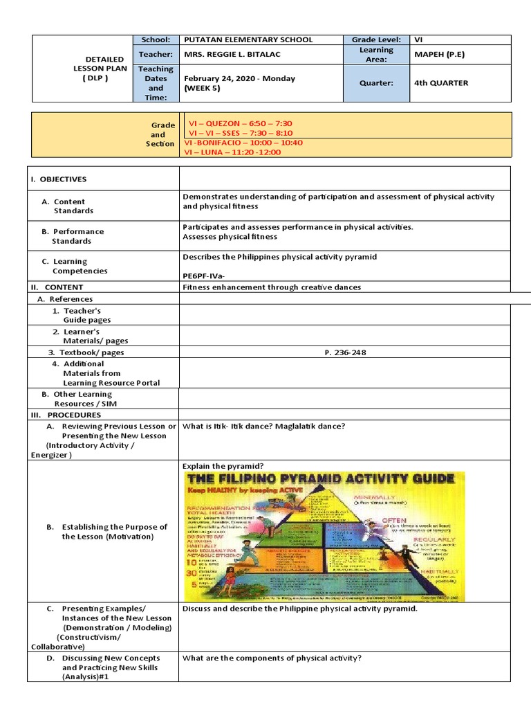 Grade VI MAPEH Lesson Plan on Fitness | PDF | Constructivism ...