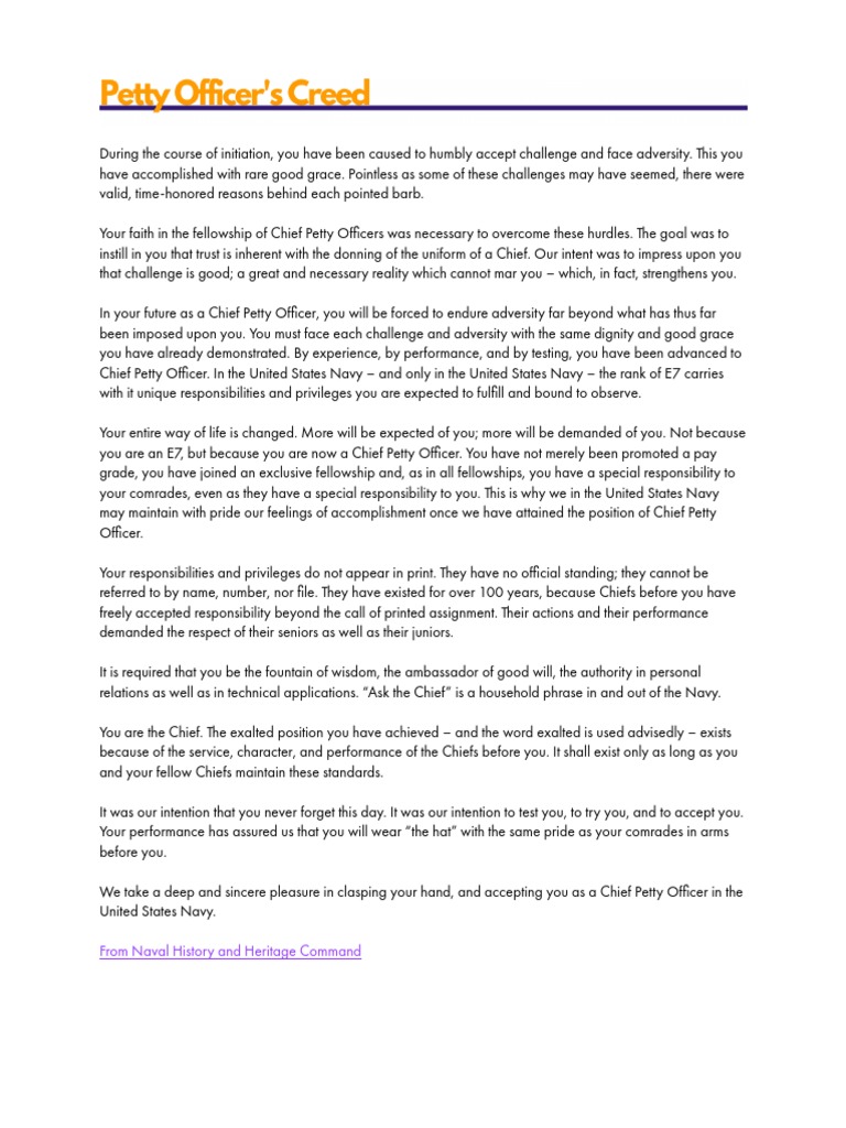 Chief Petty Officer's Creed | PDF