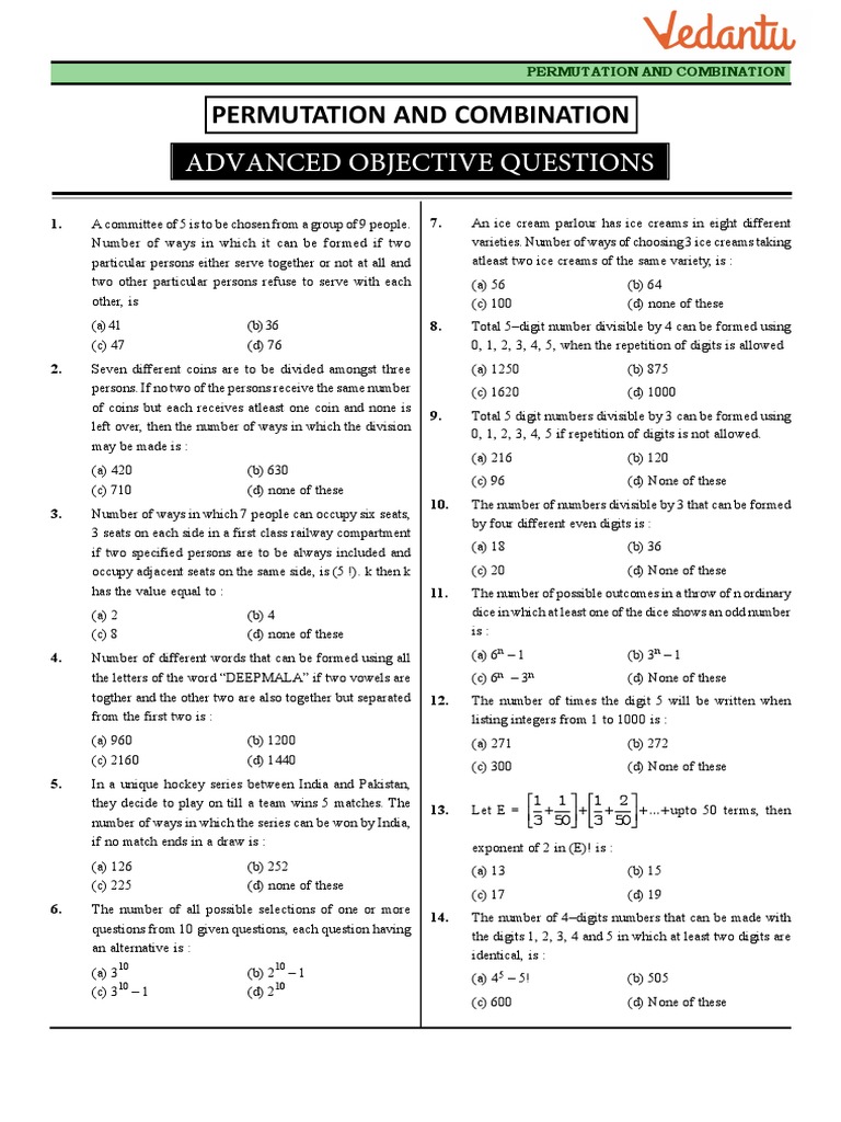 Permutations and Combinations - Advanced Questions PDF | PDF | Numbers ...