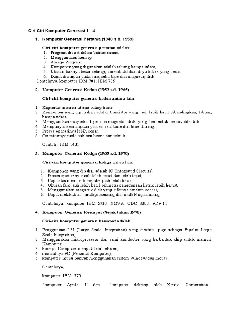 Ciri-Ciri Komputer Generasi 1-4 | PDF