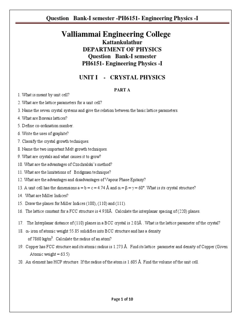 Valliammai Engineering College: Question Bank-I Semester - PH6151 ...