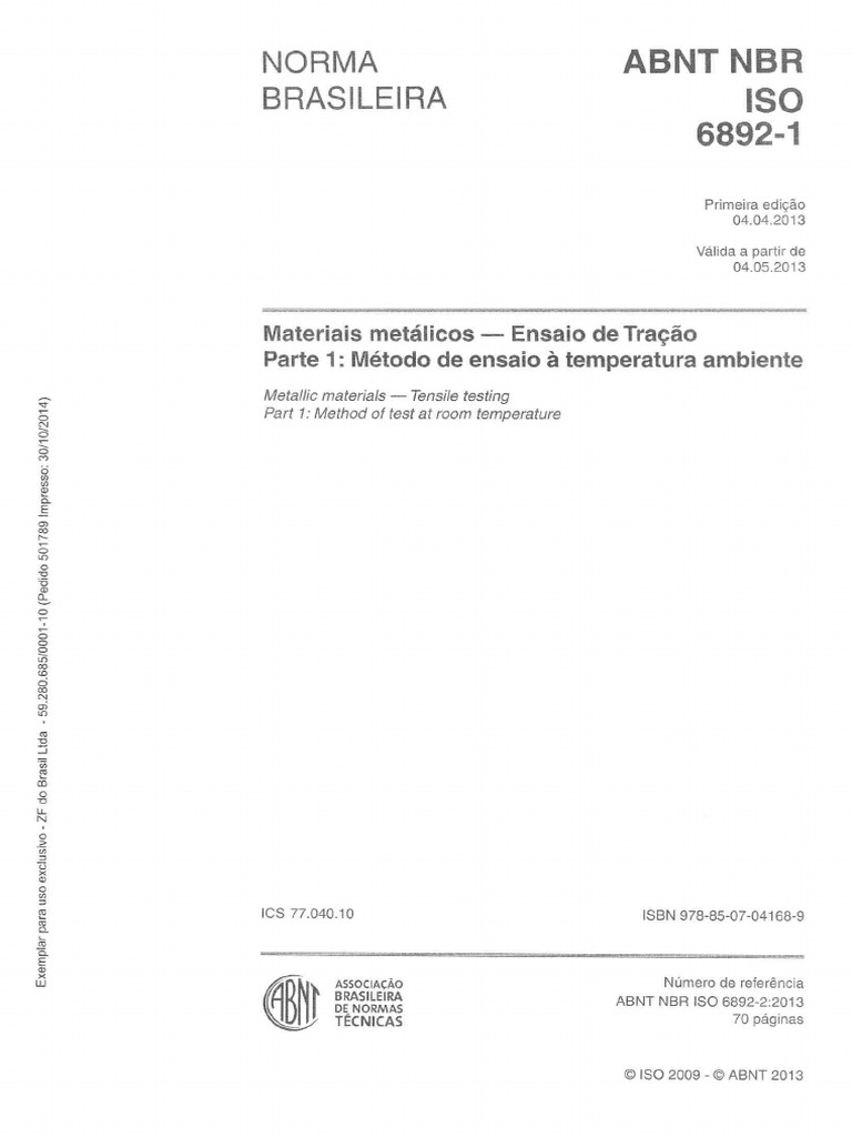 NBR ISO 6892-1 Date 2013 05 PDF | PDF | Estresse (Mecânica) | Método ...