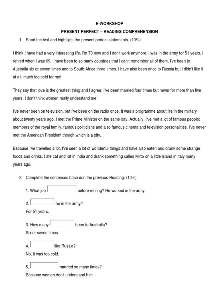 Present Perfect Reading Workshop | PDF