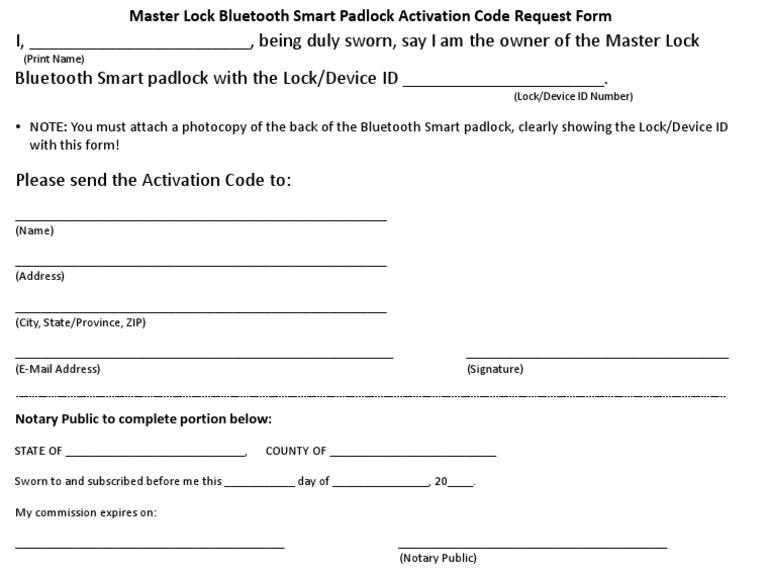 Master Lock Bluetooth Smart Padlock Activation Code Request Form | PDF ...