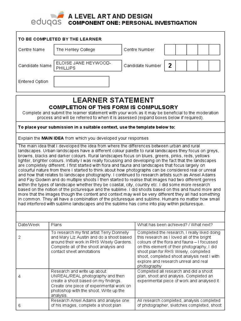 Component 1 Learner Statement Y2 | PDF | Landscape | Experiment