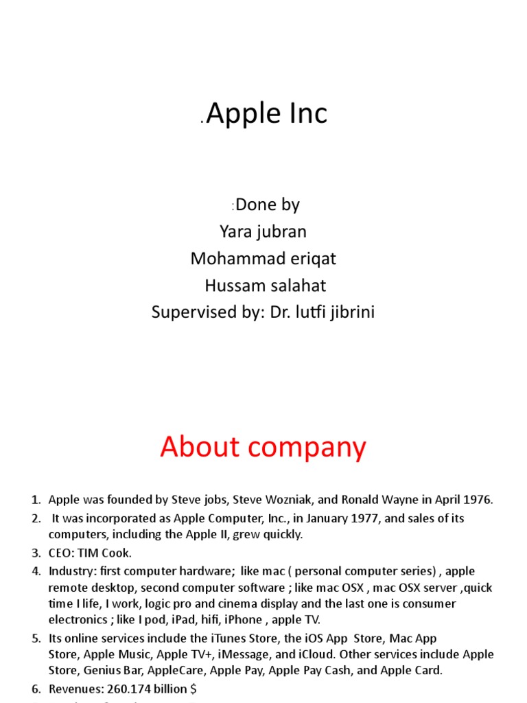 Apple Inc .: Done By: Yara Jubran Mohammad Eriqat Hussam Salahat ...