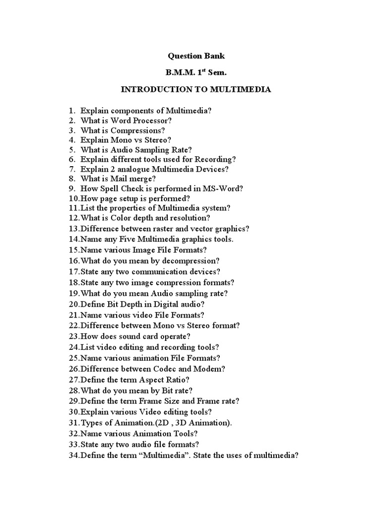 Question Bank B.M.M. 1 Sem. Introduction To Multimedia | Unduh gratis PDF | Data Compression ...