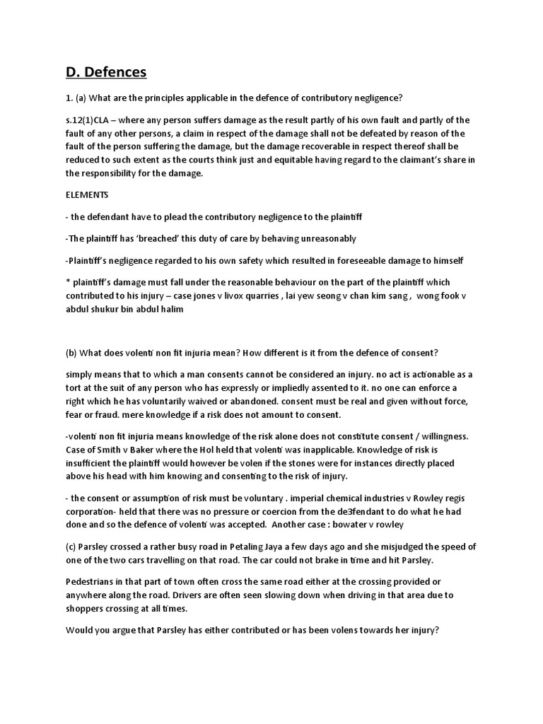 Defences On Negligence Tutorial | PDF | Contributory Negligence ...