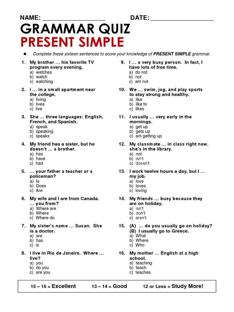 Present Simple, Grammar Quiz PDF | PDF | Human Communication | Cognition