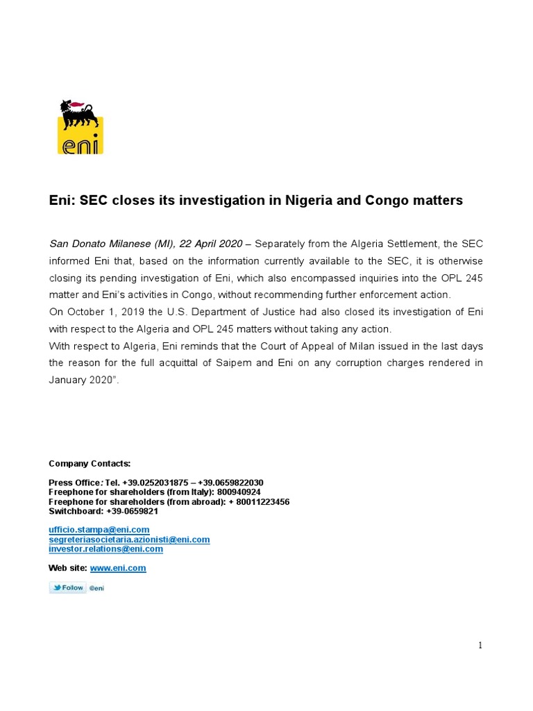 Eni: SEC Closes Its Investigation in Nigeria and Congo Matters | PDF | Law