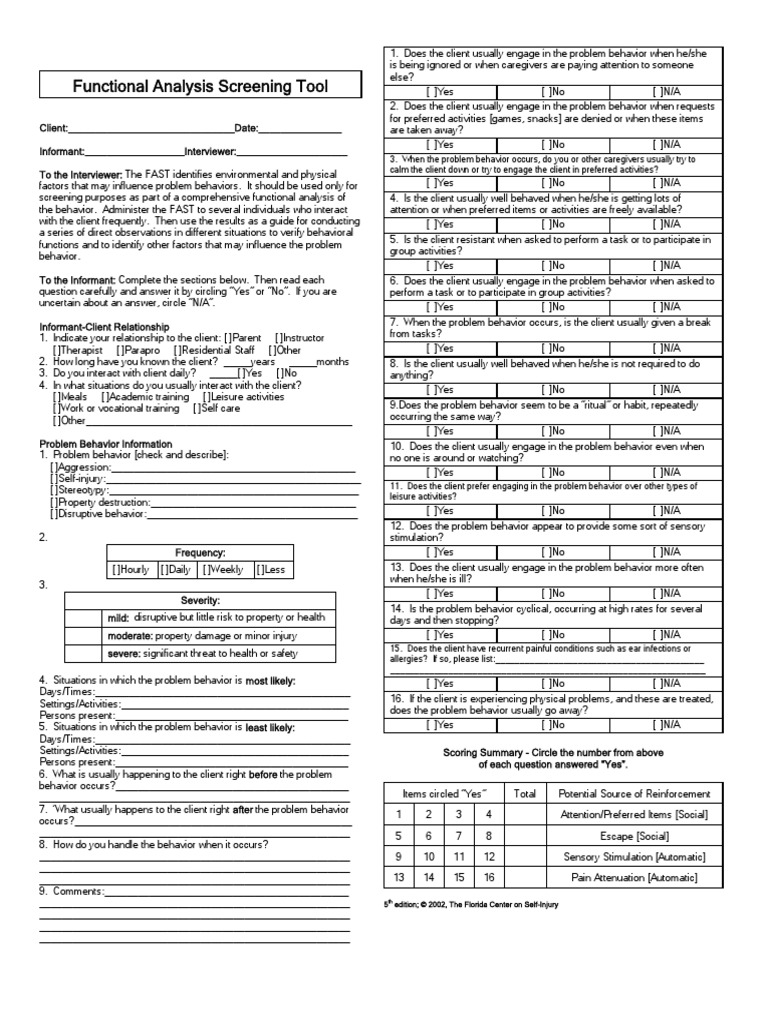 Functional Analysis Screening Tool: 5 Edition © 2002, The Florida ...
