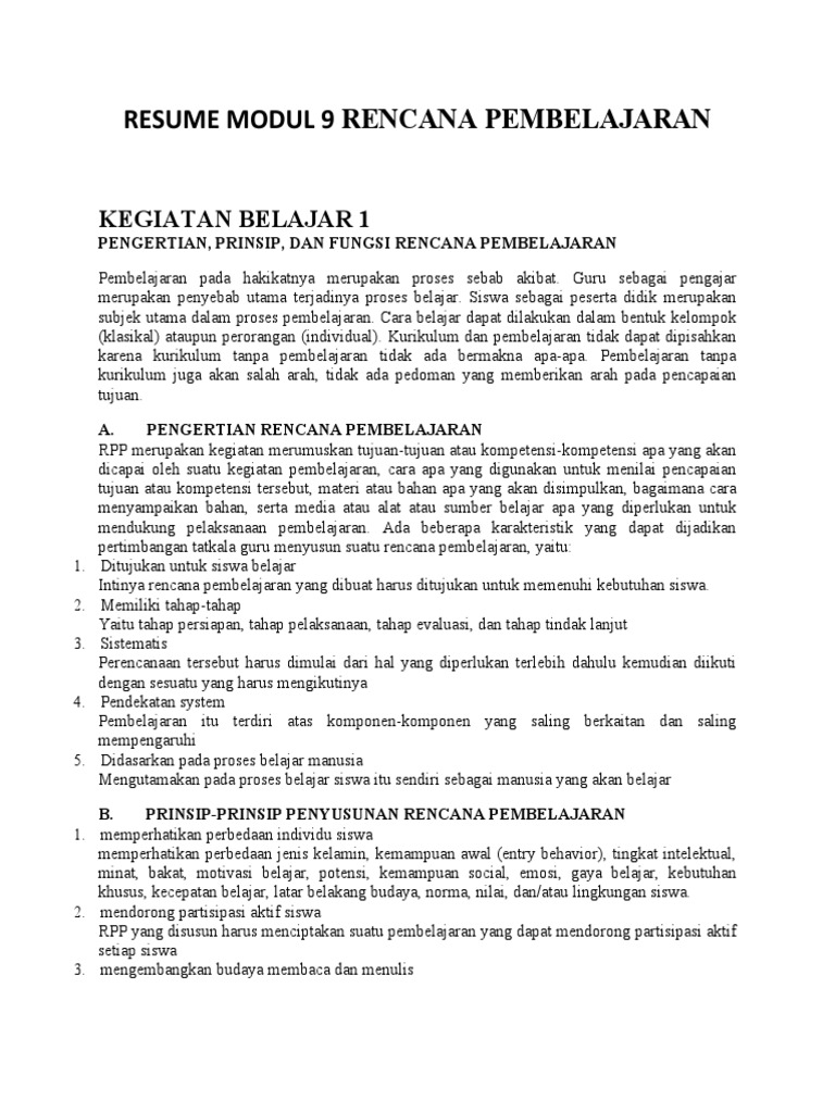 Resume Modul 9 Rencana Pembelajaran | PDF