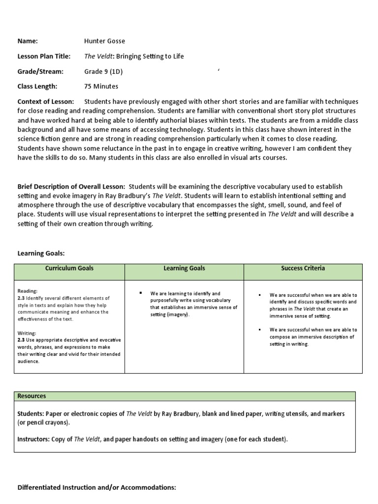 The Veldt: Bringing Setting To Life: Name: Lesson Plan Title: Grade ...