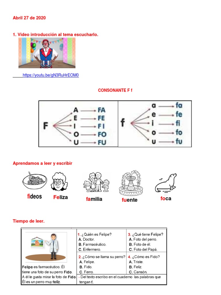 CLASE Y ACTIVIDAD CONSONANTE F F 27 ABRIL L | PDF