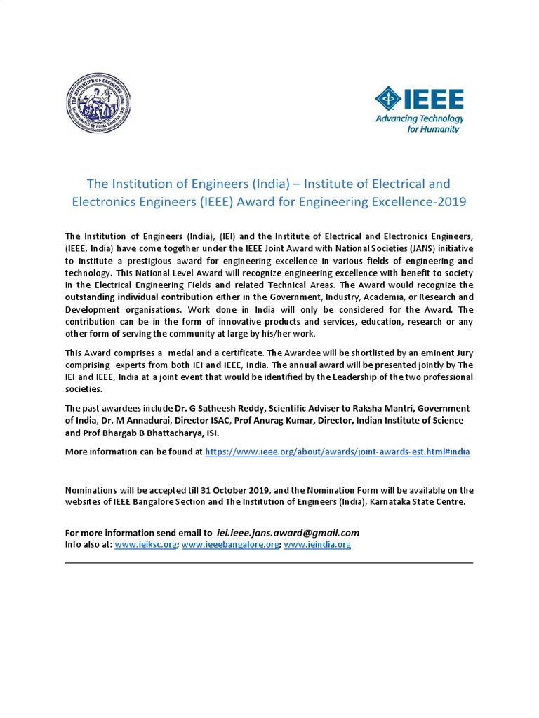 IEI IEEE Award Call For Nominations 2019 PDF | PDF | Institute Of ...