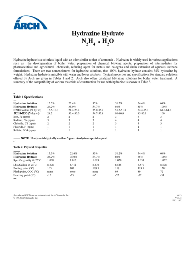 Hydrazine Hydrate N H H O: Table 1 Specifications | PDF | Chemical ...