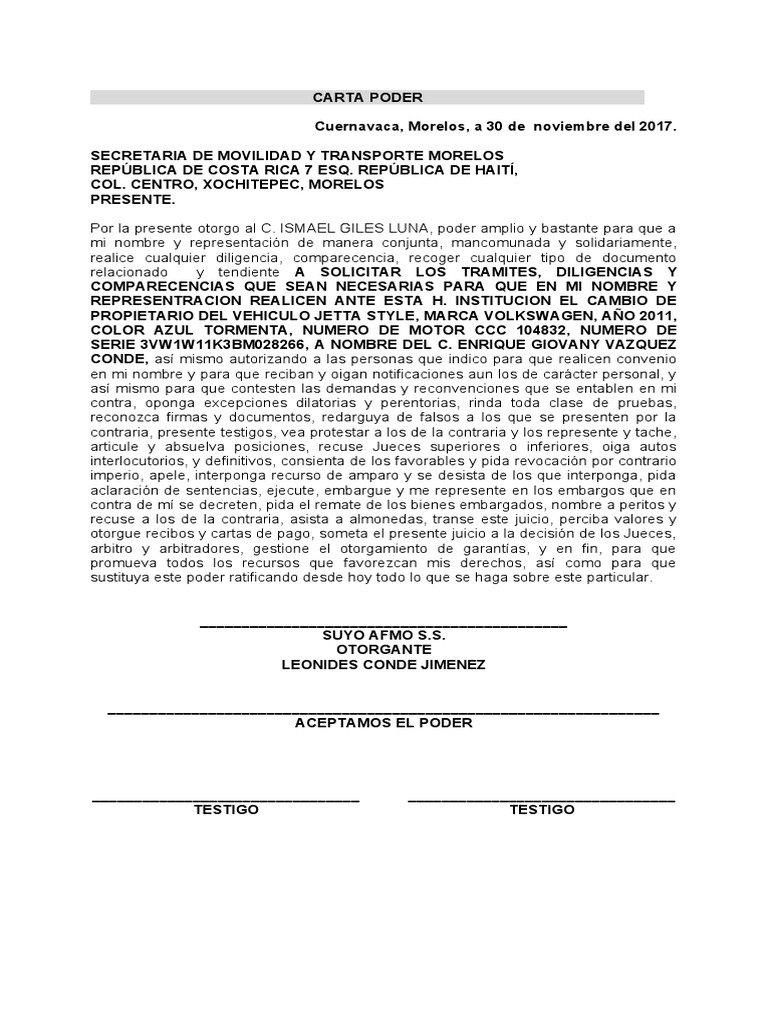 Carta Poder Movilidad y Transporte | Descargar gratis PDF | Gobierno ...