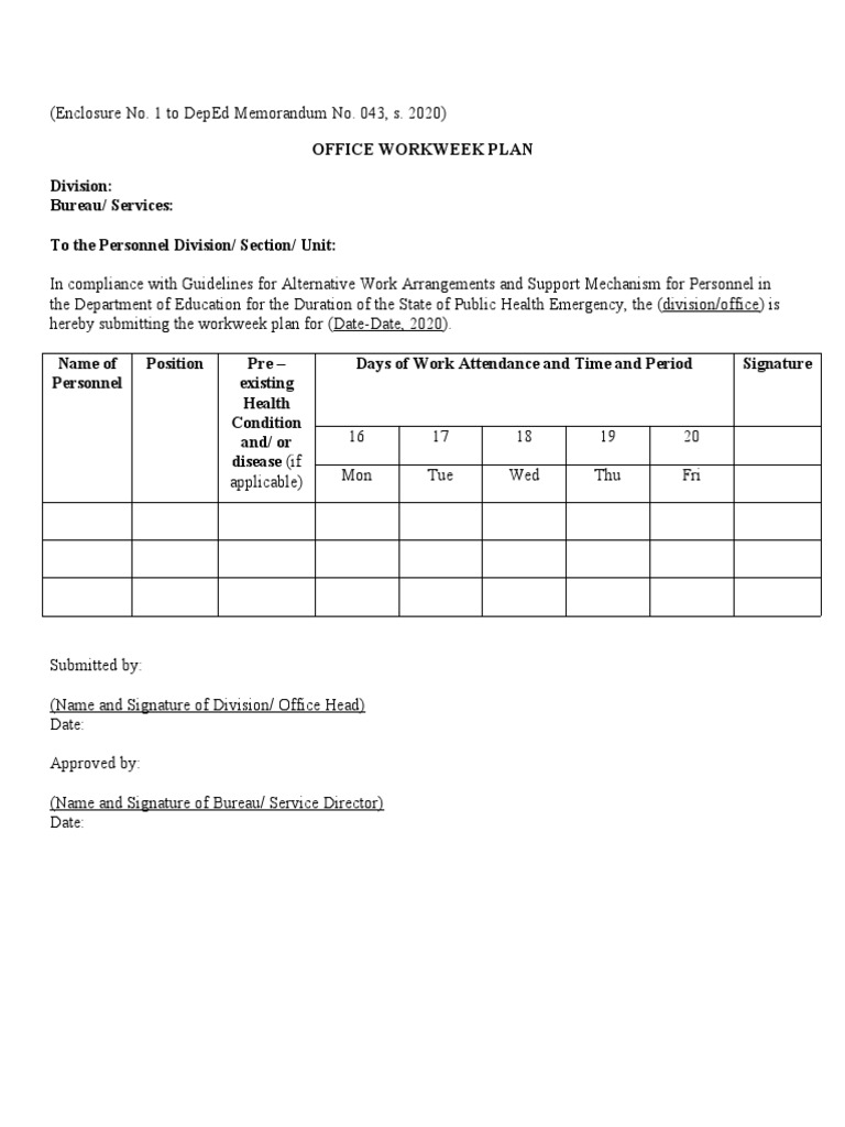 Office Workweek Plan Division: Bureau/ Services: To The Personnel ...