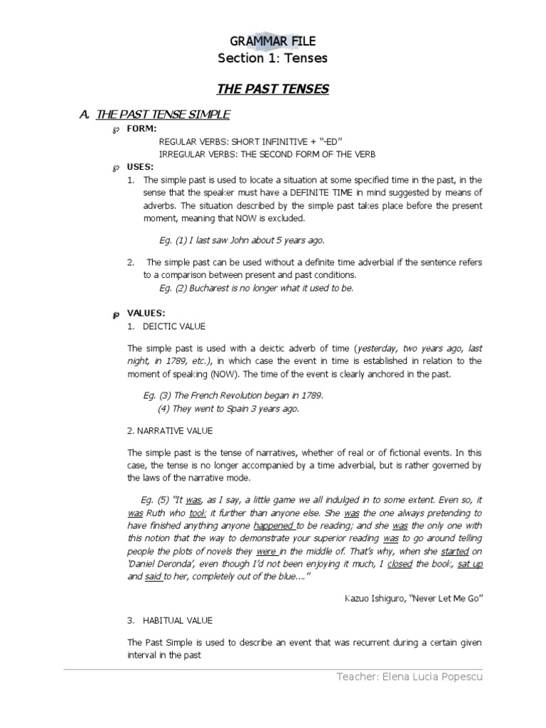 The Past Tenses: Grammar File Section 1: Tenses | PDF | Perfect ...