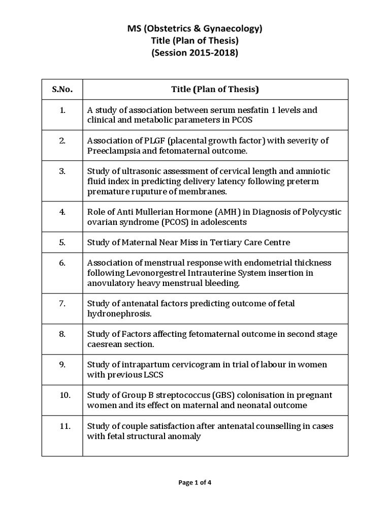 Thesis Topics in Obstetrics & Gynaecology | PDF | Childbirth | Preterm ...