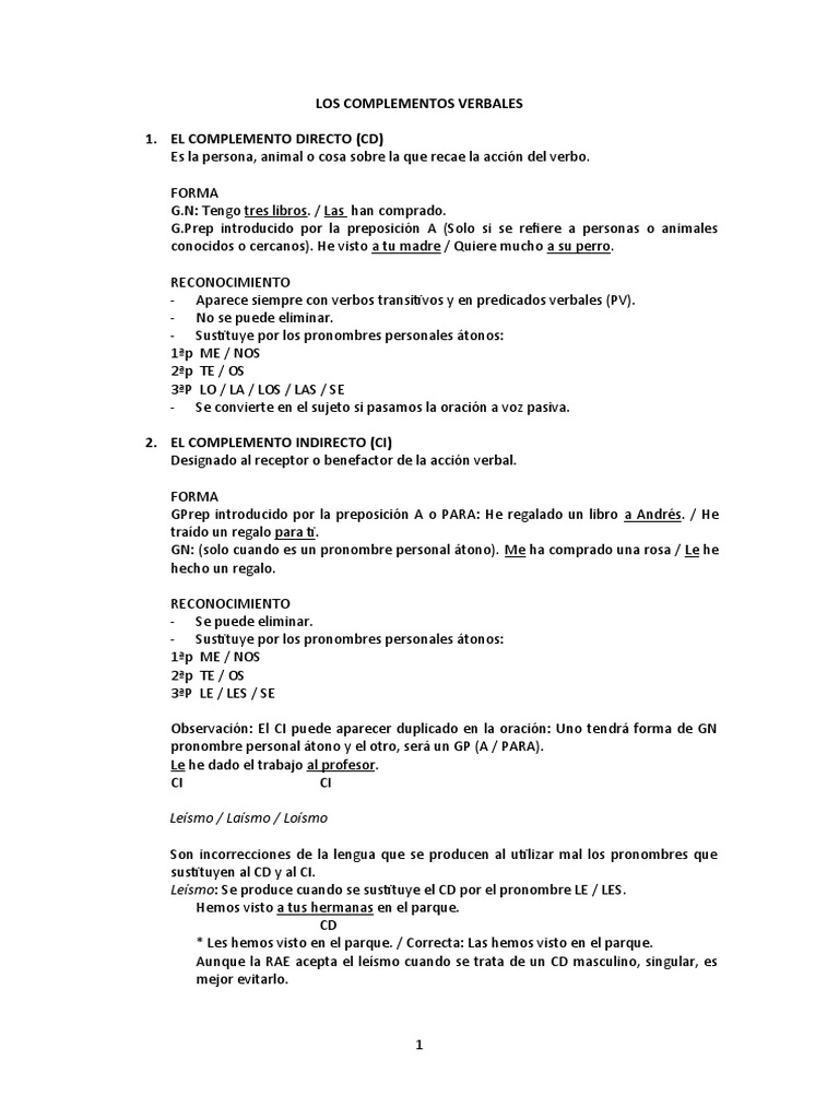 Los Complementos Verbales | PDF | Verbo | Morfología Lingüística