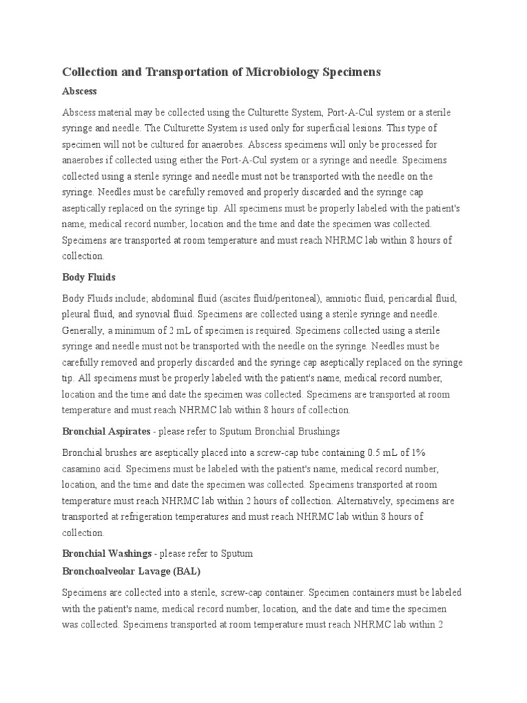 Microbiology Specimen Collection Guide | PDF | Syringe | Medical ...