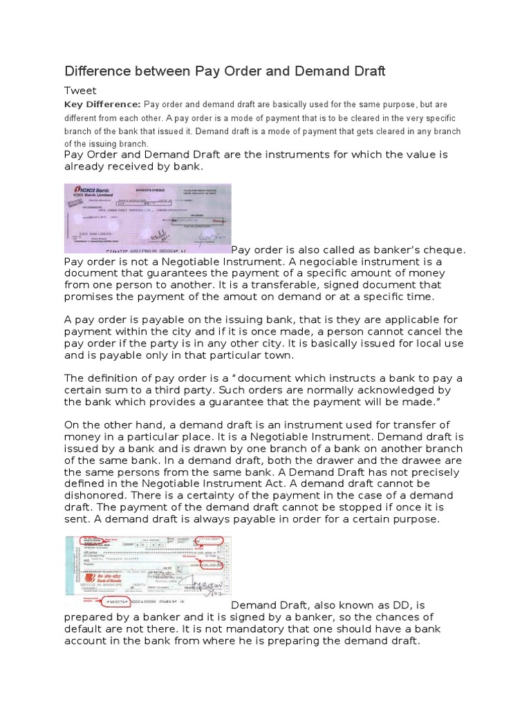 Difference Between Pay Order and Demand Draft | PDF | Payments | Banks