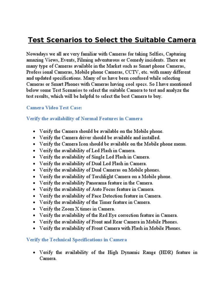 Test Scenarios To Select The Suitable Camera | PDF | Pixel | Camera