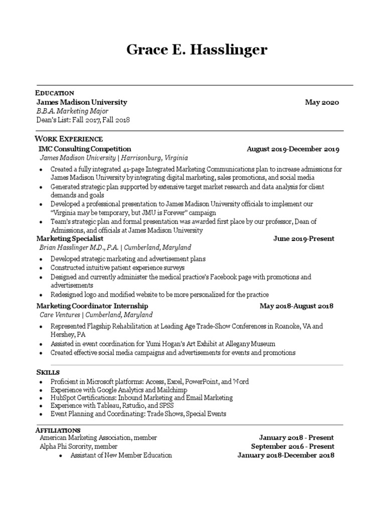 Grace Hasslinger Resume 2020 | PDF | Promotion And Marketing ...
