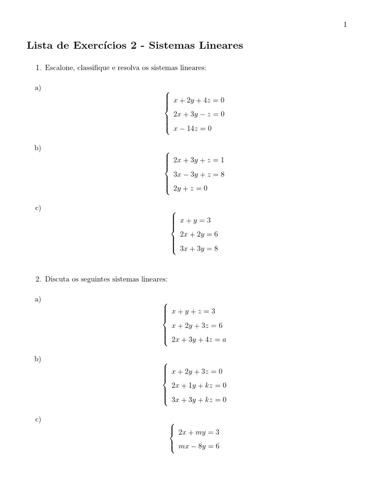 Lista de Exerc Icios 2 - Sistemas Lineares | PDF