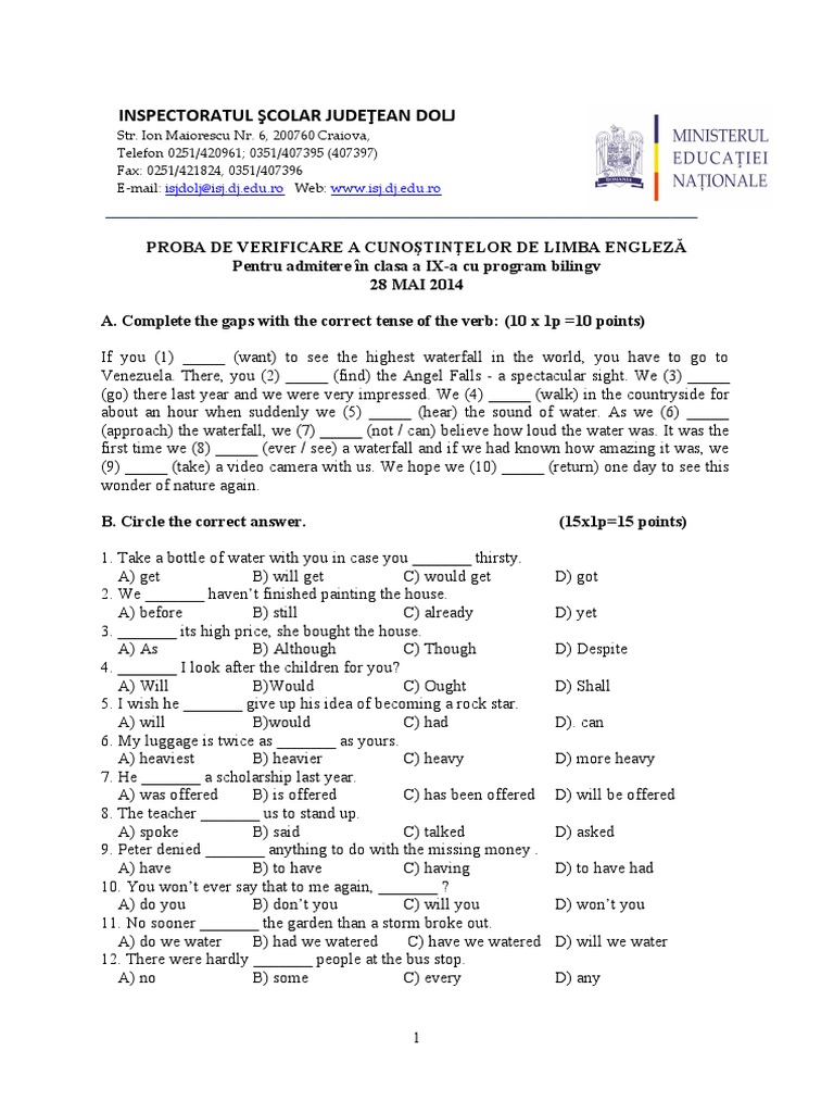 Subiect Bilingv Engleza 2014 | PDF