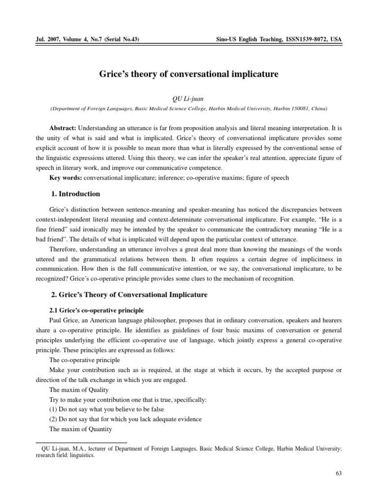 Grice's Theory of Conversational Implicature: Understanding Beyond Literal Meaning Through ...