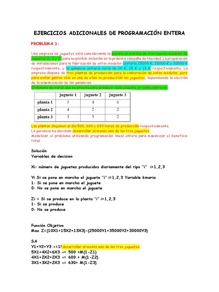EJERCICIOS ADICIONALES DE PROGRAMACIÓN ENTERA Solución | PDF | Programación lineal | Matemáticas ...