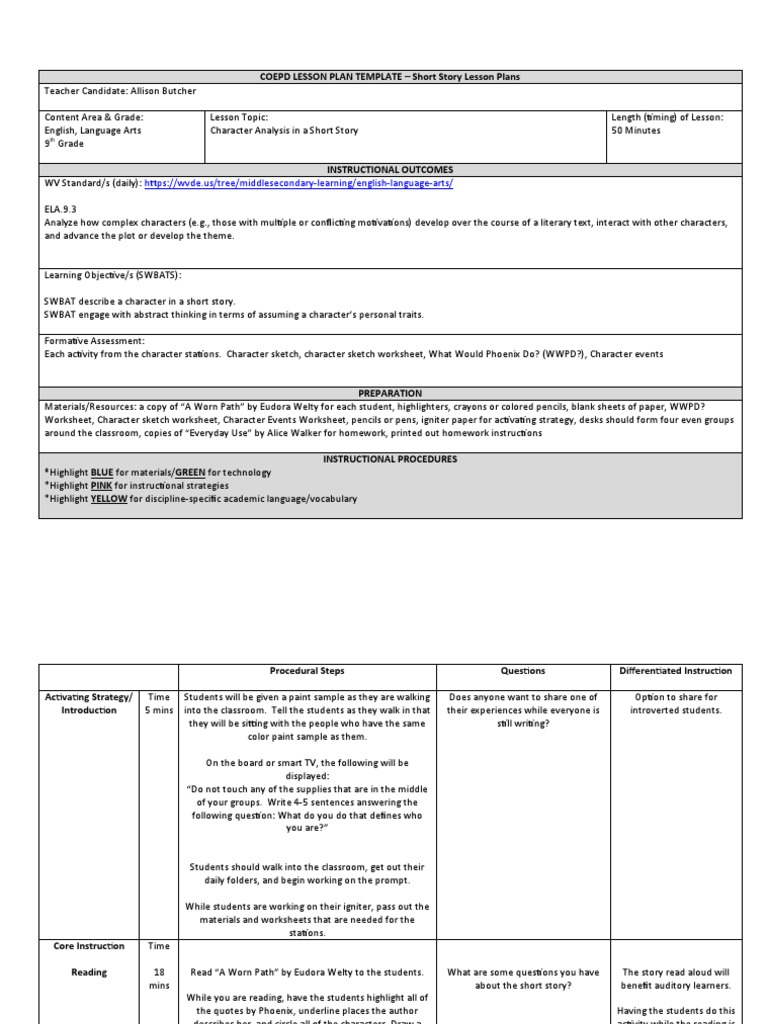 COEPD LESSON PLAN TEMPLATE - Short Story Lesson Plans | PDF | Lesson ...