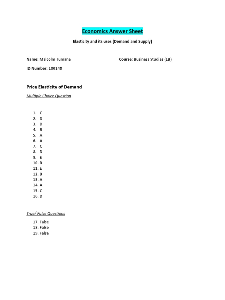 Economics Elasticity Answer Sheet | PDF | Demand | Elasticity (Economics)