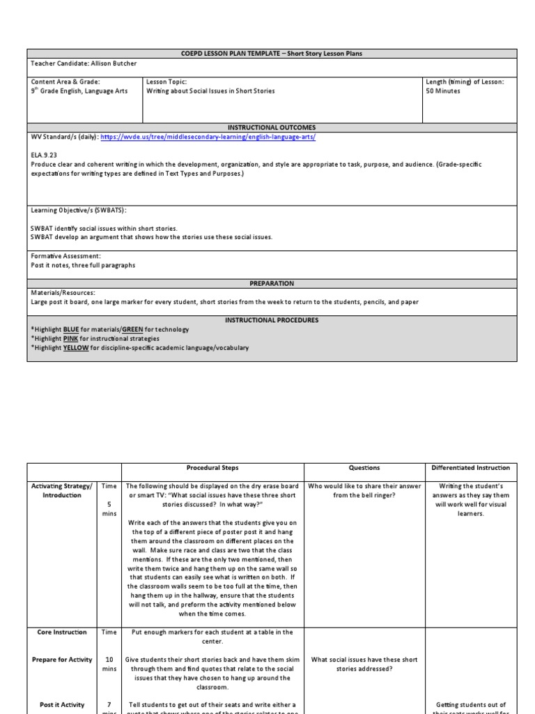 COEPD LESSON PLAN TEMPLATE - Short Story Lesson Plans | PDF | Lesson ...