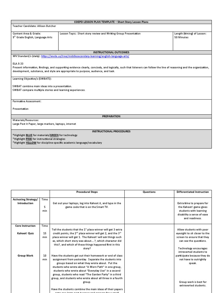 COEPD LESSON PLAN TEMPLATE - Short Story Lesson Plans | PDF | Lesson ...