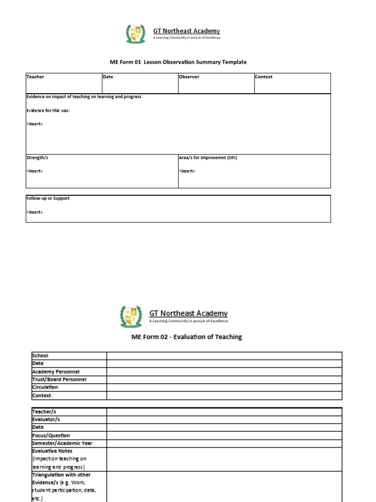 GT Northeast Academy: ME Form 01 Lesson Observation Summary Template ...