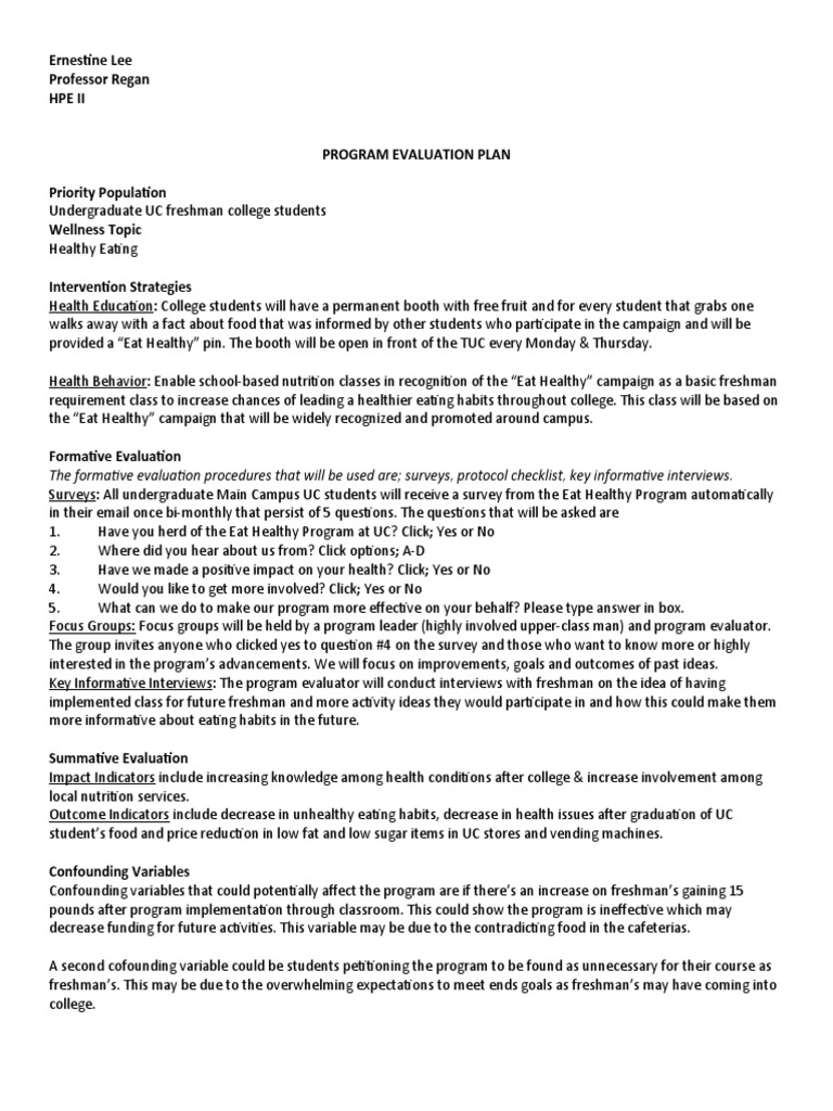 Program Evaluation Plan Final | Download Free PDF | Foods | Cognition