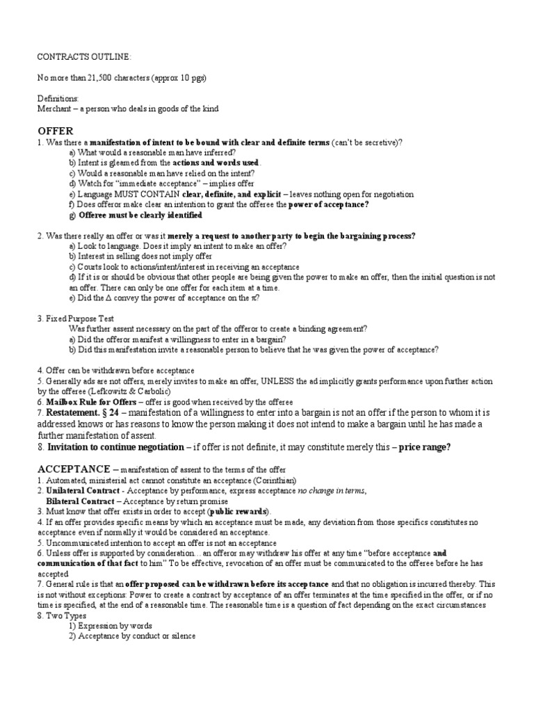 Contracts Outline | PDF | Offer And Acceptance | Implied Warranty