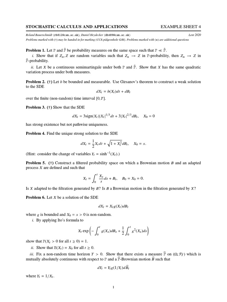 Stochastic Calculus and Applications: Example Sheet 4 | Download Free ...