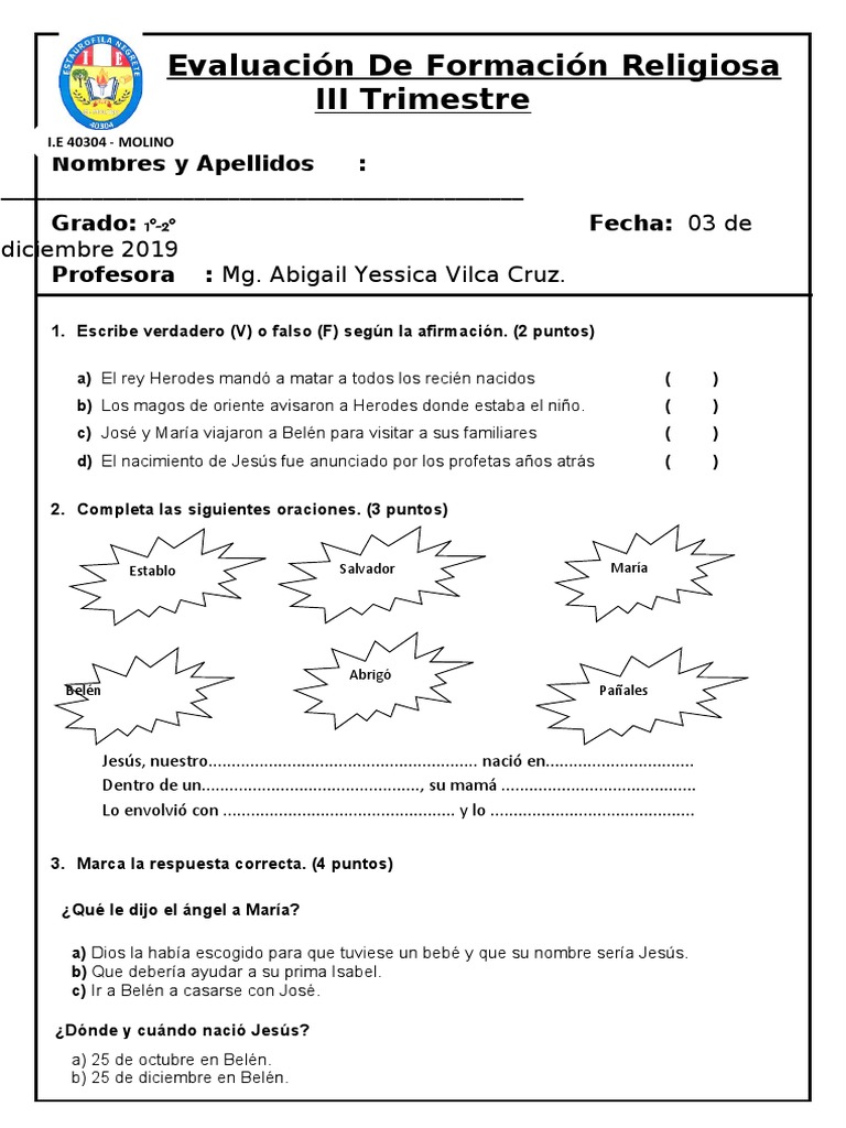 Examen de Religion - Final - Primer | PDF | María, madre de Jesús | La ...
