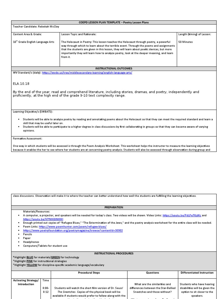 Holocaust Poetry Lesson Plan | PDF | Lesson Plan | Poetry