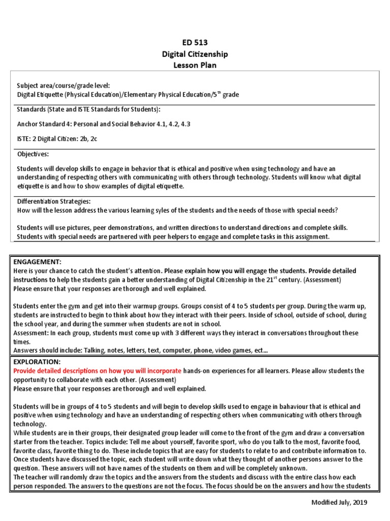 5th Grade Digital Citizenship Lesson Plan | PDF | Educational ...