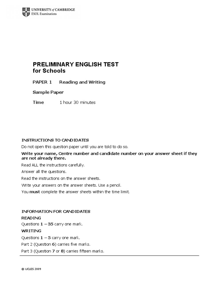 Preliminary English Test For Schools: PAPER 1 Reading and Writing ...